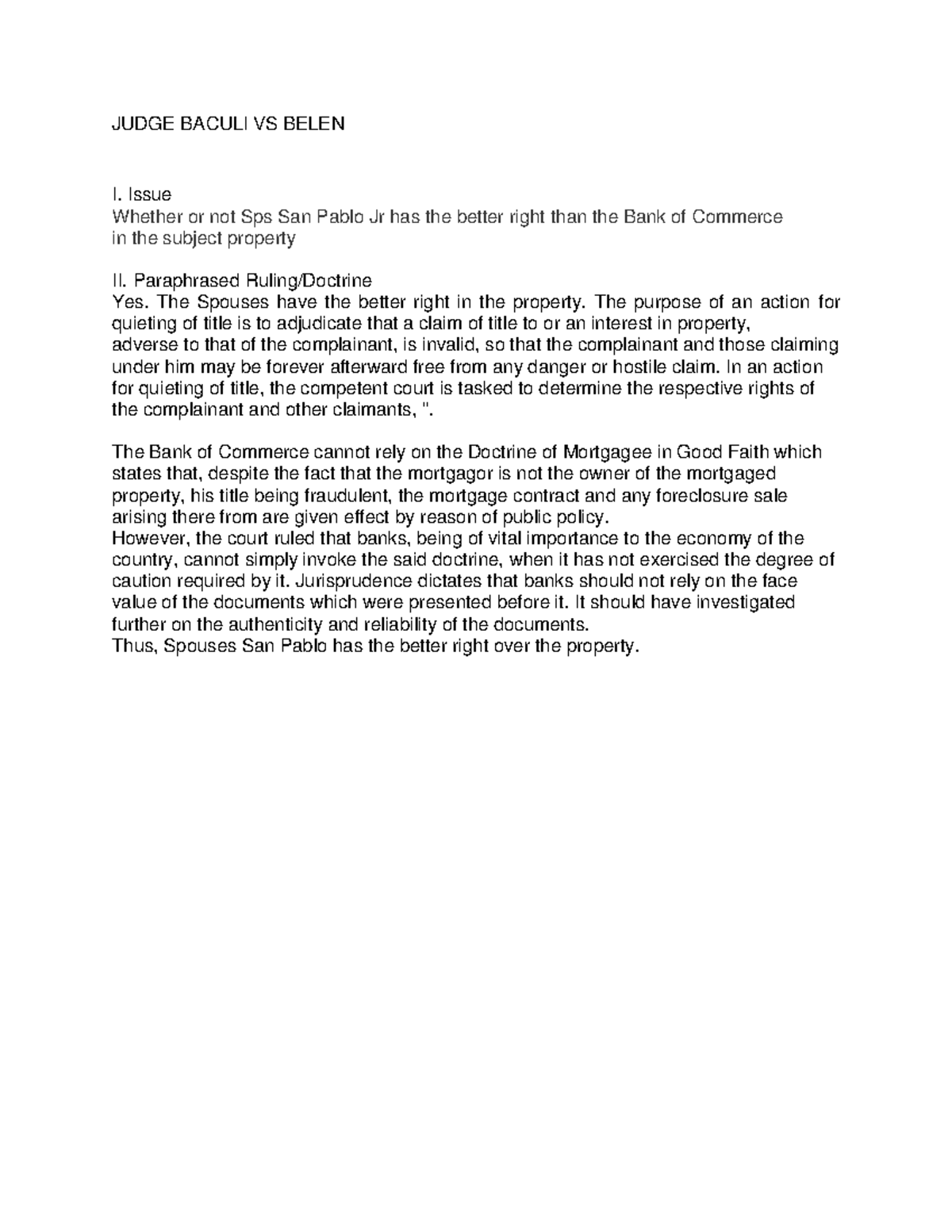 Judge Baculi vs Belen - JUDGE BACULI VS BELEN I. Issue Whether or not ...