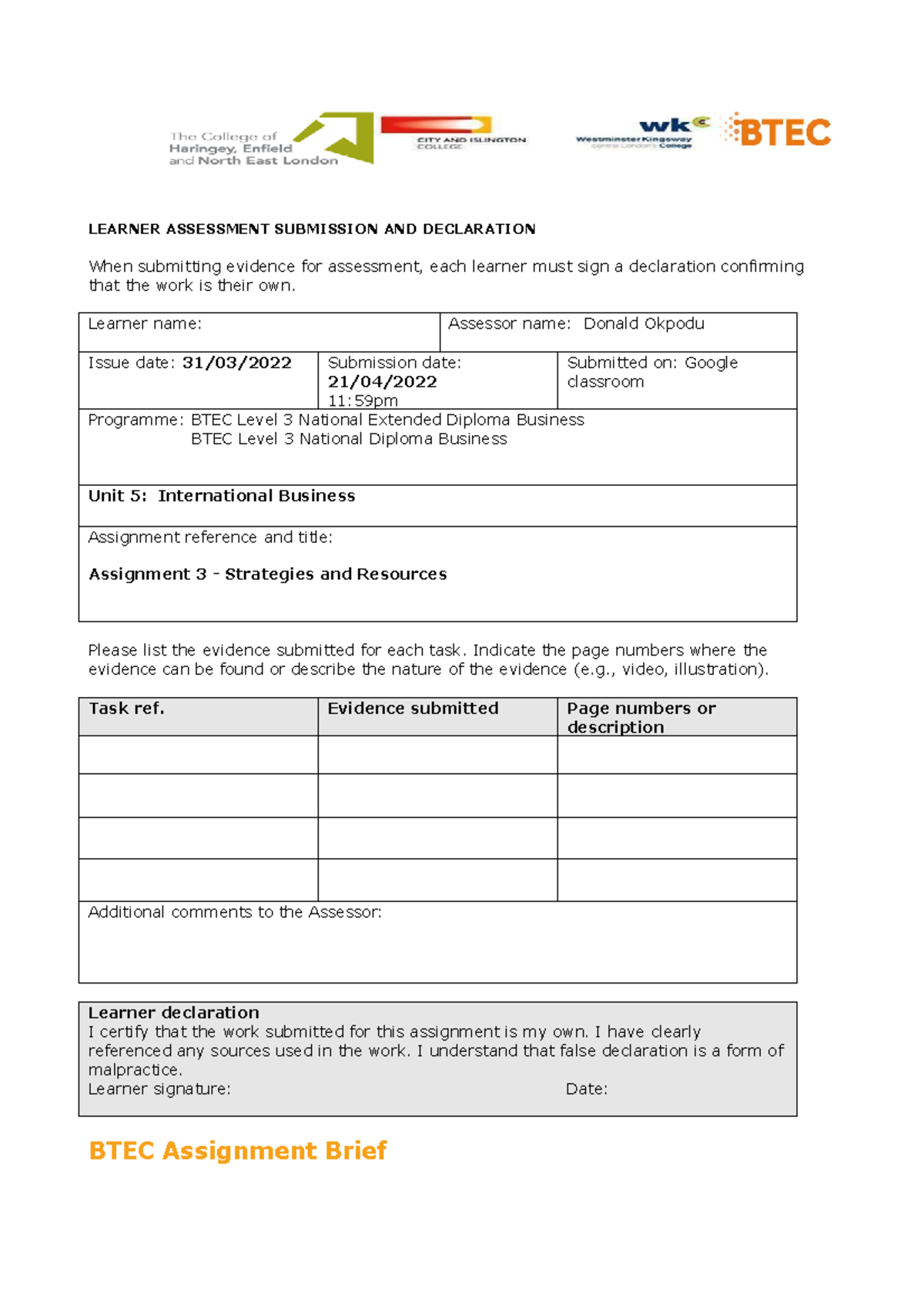 Assignment 3 - Strategies and Resources - LEARNER ASSESSMENT SUBMISSION ...