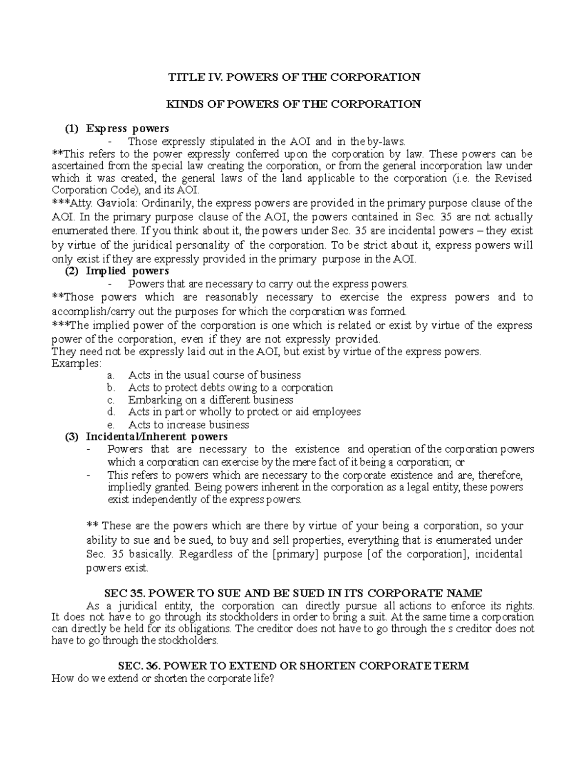 Title IV Output LAW TITLE IV POWERS OF THE CORPORATION KINDS OF title-iv-output-law-title-iv-powers-of-the-corporation-kinds-of