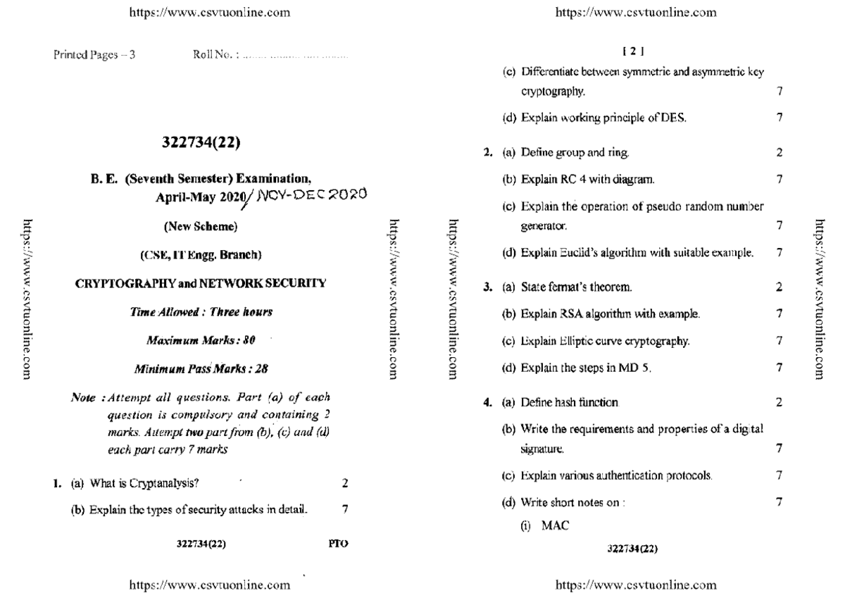 Be cse it 7 sem cryptography and network security 322734 dec 2020 - B.Tech Computer Science and ...