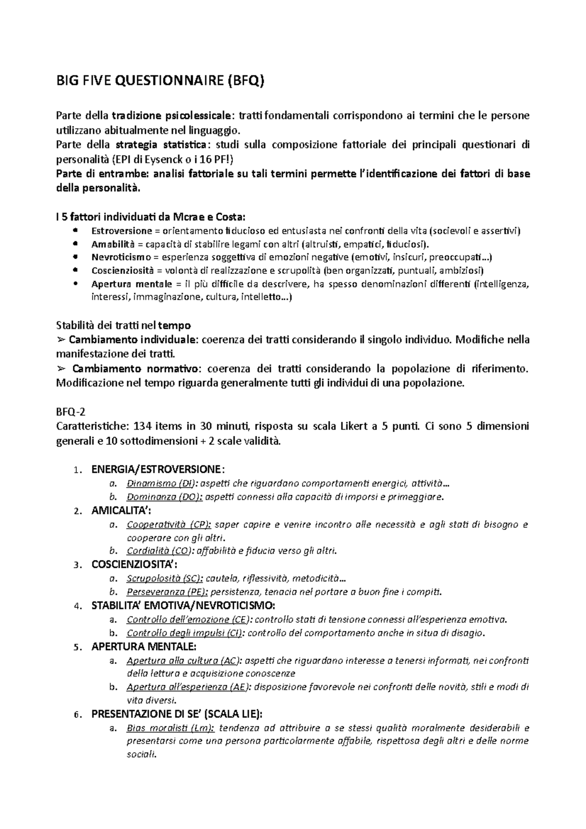 BFQ e EPI questionari personalità - BIG FIVE QUESTIONNAIRE (BFQ) Parte della tradizione - Studocu