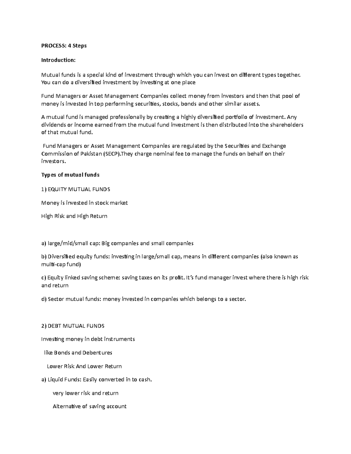 Summary -2 - PROCESS: 4 Steps Introduction: Mutual funds is a special ...
