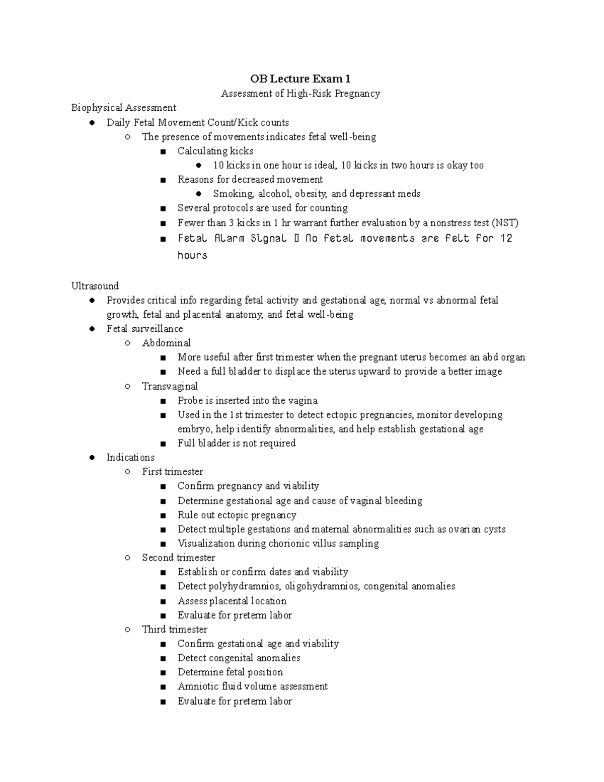 OB Lecture Exam 1- assessment of high risk pregnacy - OB Lecture Exam 1 ...