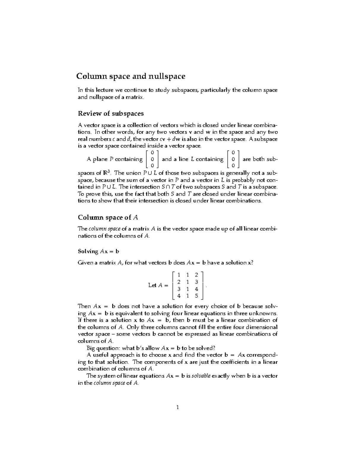 A9361fe289da445a7ca1fe2f88b55ca7 MIT18 06SCF11 Ses1 - Column space and nullspace In this - Studocu