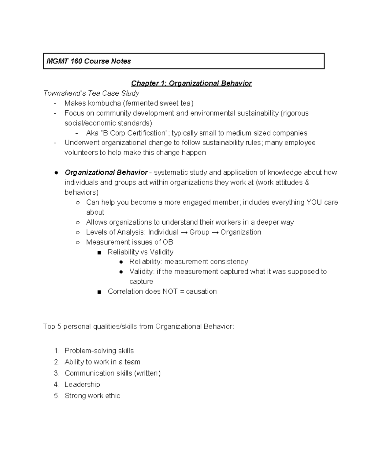MGMT 160 Course notes - MGMT 160 Course Notes Chapter 1: Organizational ...