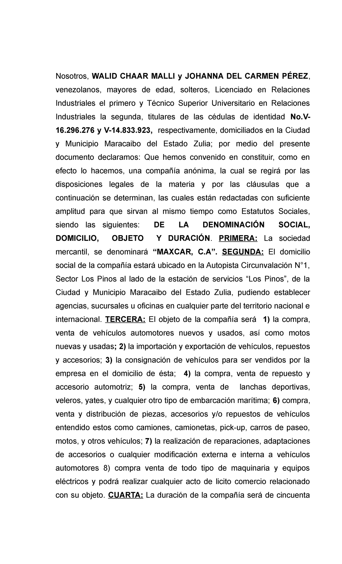 Acta Constitutiva Maxcar,CA - Nosotros, WALID CHAAR MALLI y JOHANNA DEL ...