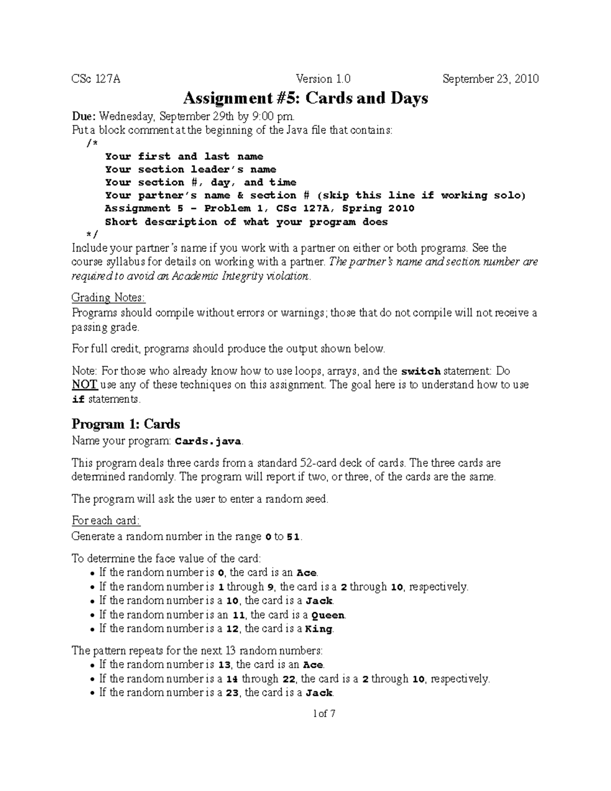 Prog5v1 - Lab Activities for week - Assignment #5: Cards and Days Due ...