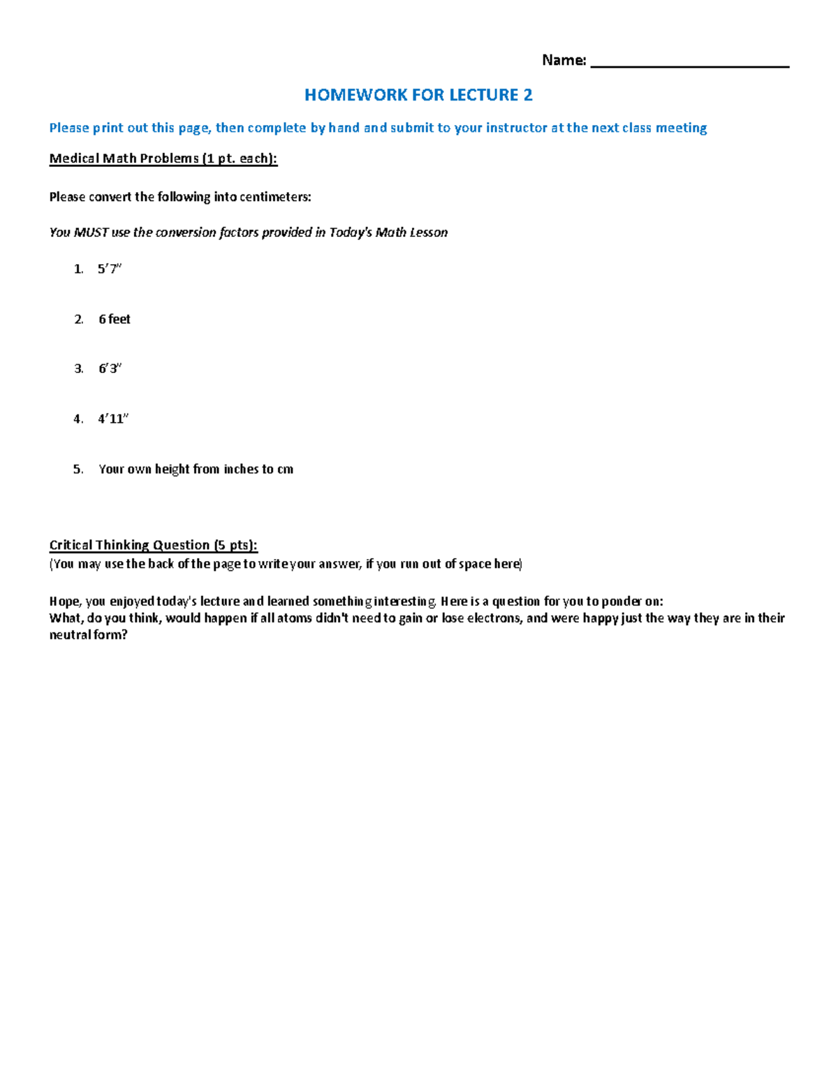 EMB Homework 2 - EMB HWK - Name: HOMEWORK FOR LECTURE 2 Please print ...