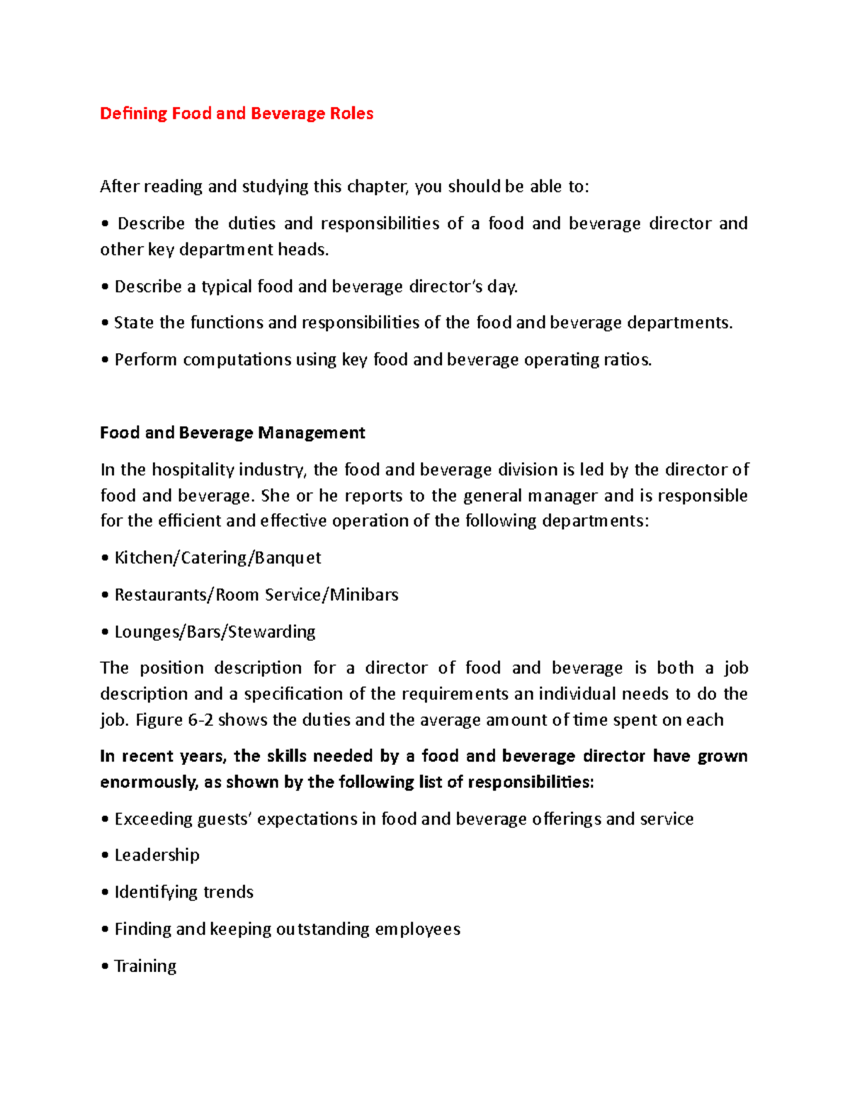 Defining Food And Beverage Roles Describe A Typical Food And Beverage