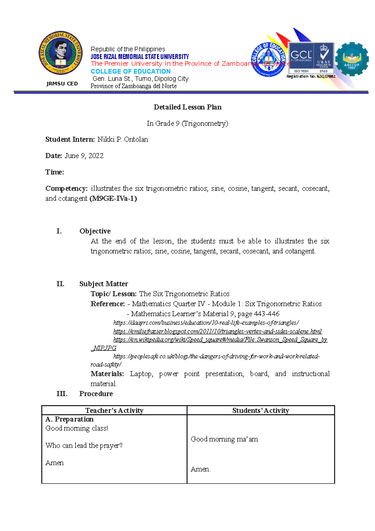 Detailed Lesson Plan 1 - Republic of the Philippines JOSE RIZAL ...