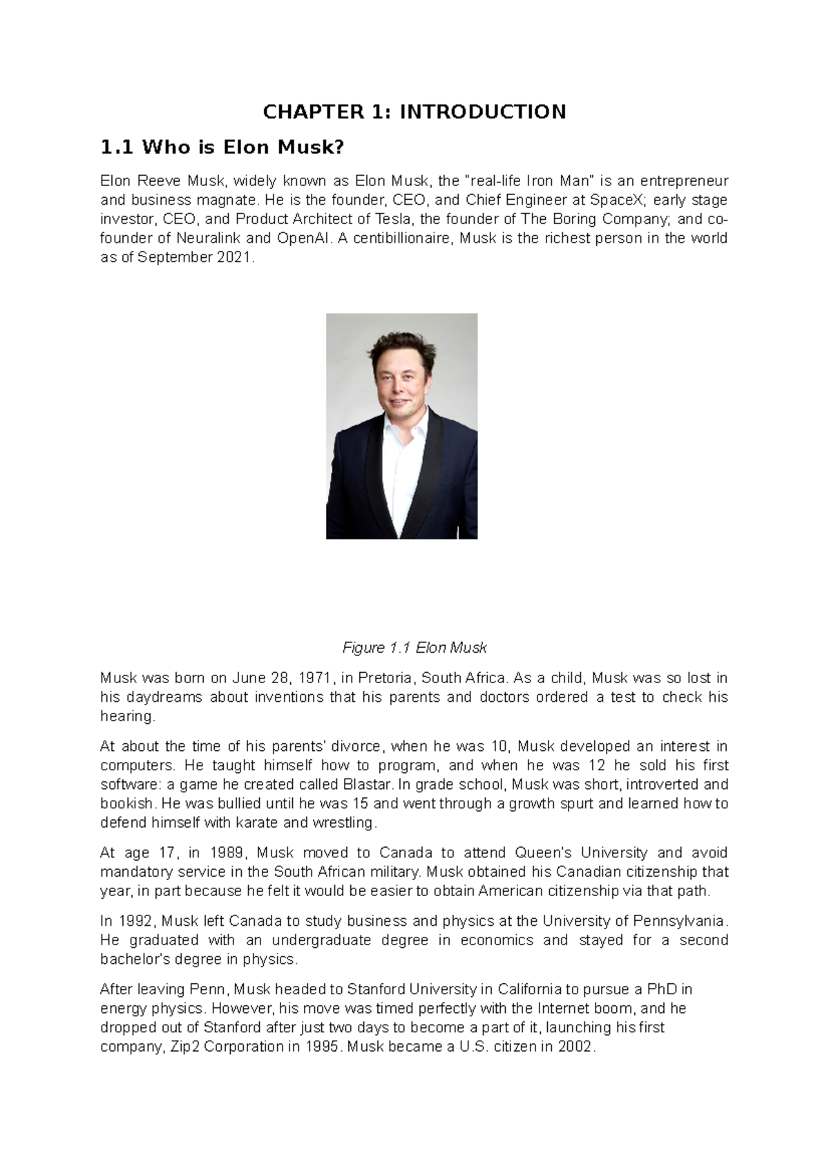 CA project-Elon Musk intro & conclusion - CHAPTER 1: INTRODUCTION 1 Who ...