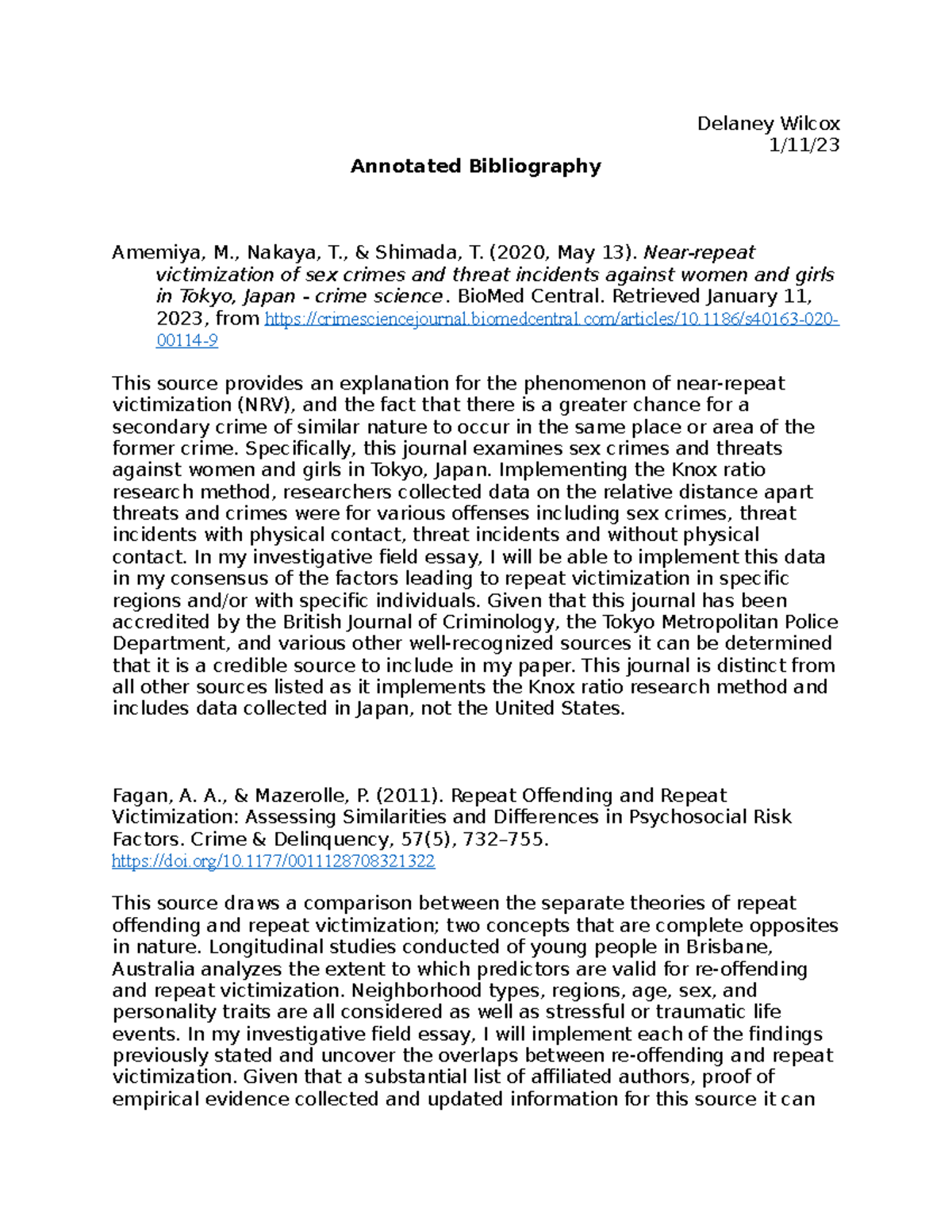 Project 1 (Annotated Bibliography) - Delaney Wilcox 1/11/ Annotated ...