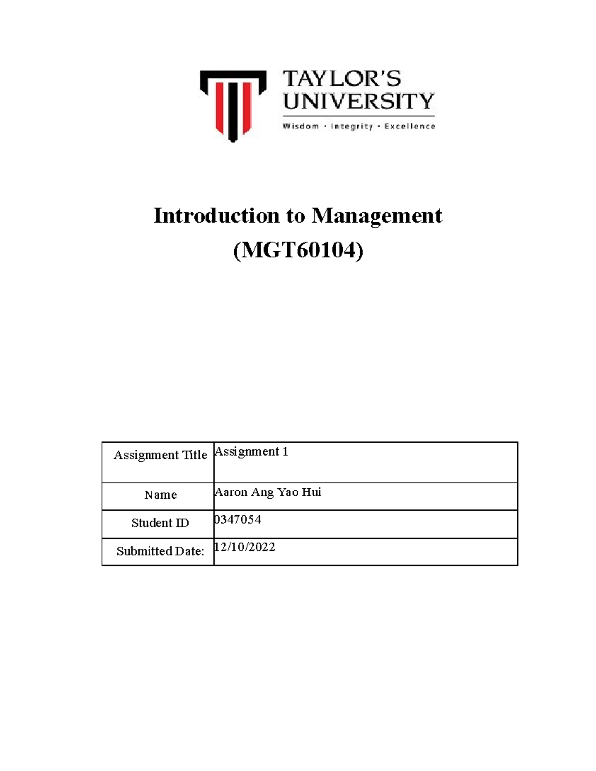 Introduction to Management assgn 1 - Introduction to Management ...