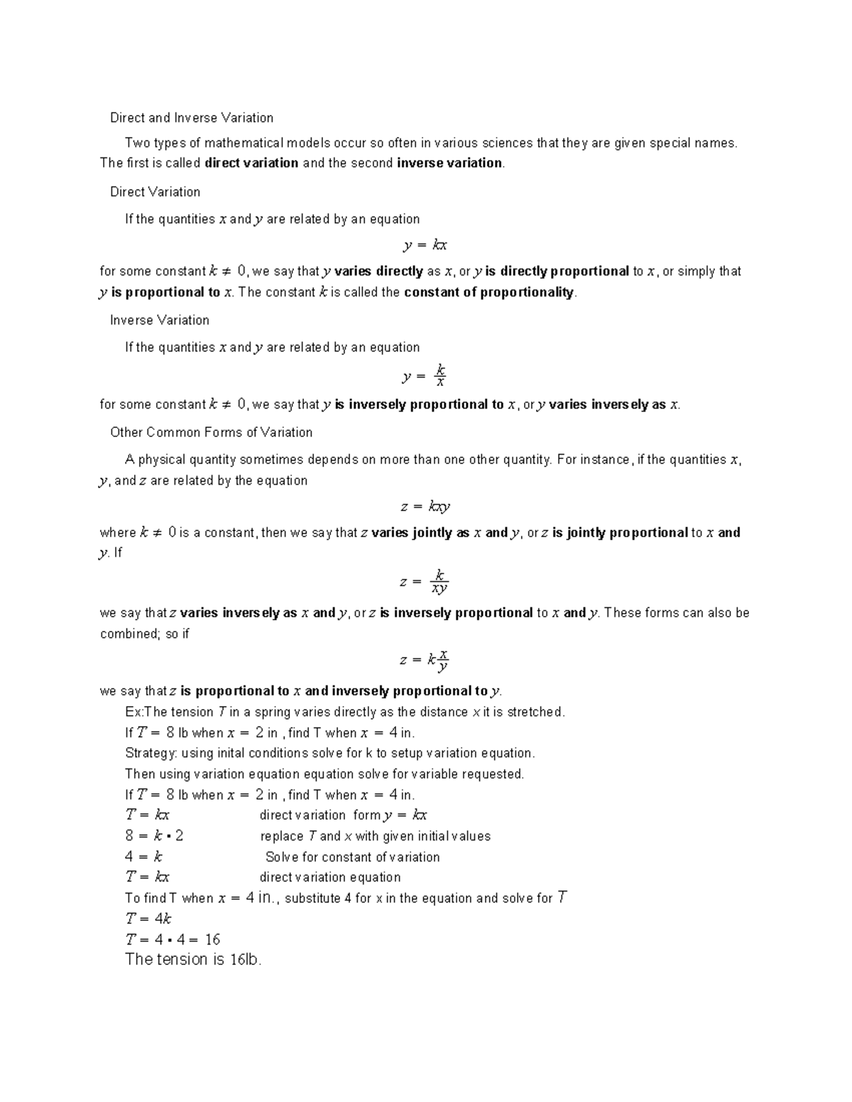 Variation - NOTES - Direct and Inverse Variation Two types of ...