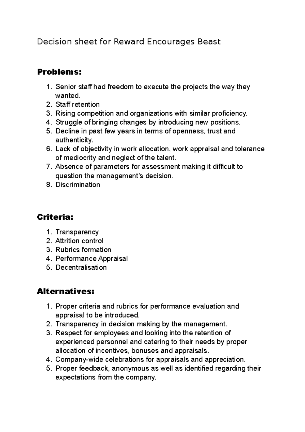 Decision sheet for Reward Encourages Beast - Decision sheet for Reward ...