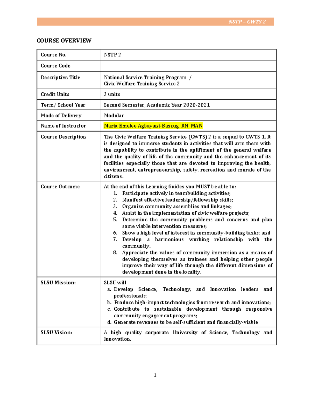 Final Module FOR 2ND SEM NSTP CWTS - COURSE OVERVIEW Course No. NSTP 2 ...