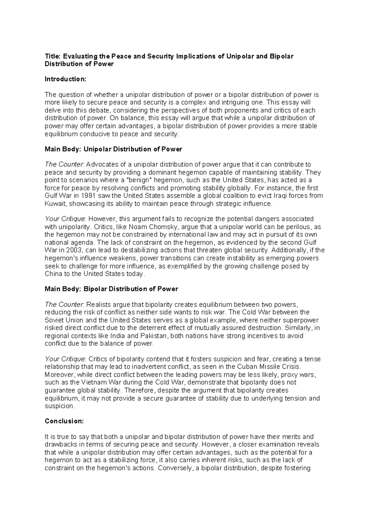 Evaluating the Peace and Security Implications of Unipolar and Bipolar ...