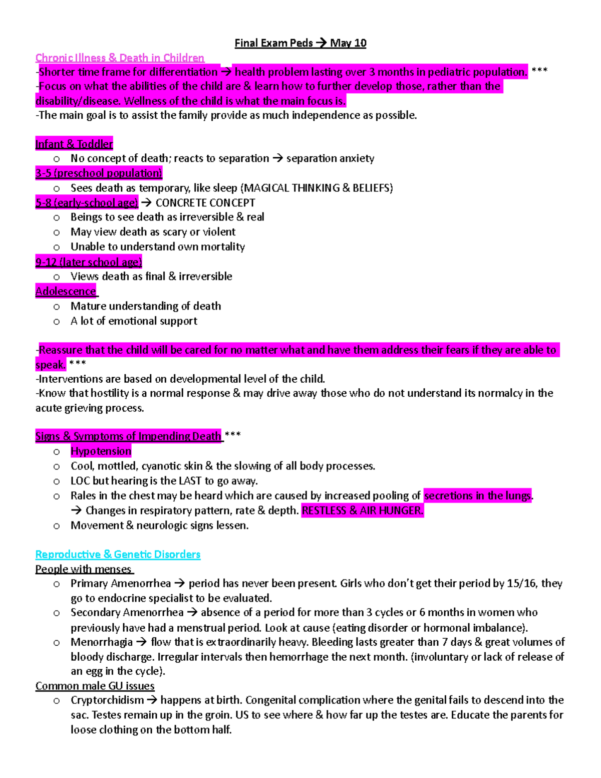 Final PEDS - Study guide from everything covered throughout peds unit ...