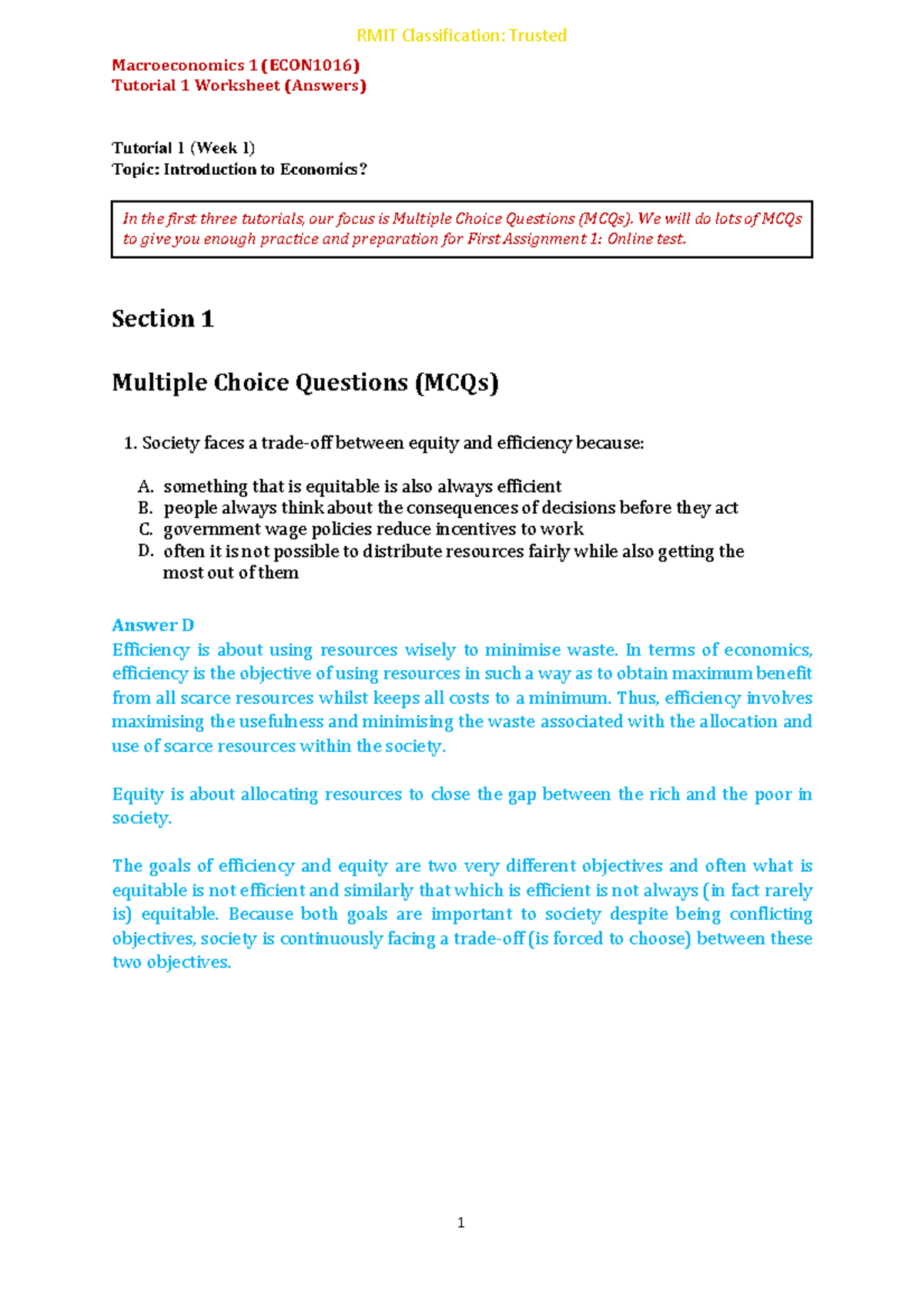 Macro 1 (ECON1016) Tutorial Worksheet - Week 1 Answers - Macroeconomics 1 (ECON1016) Tutorial 1 ...