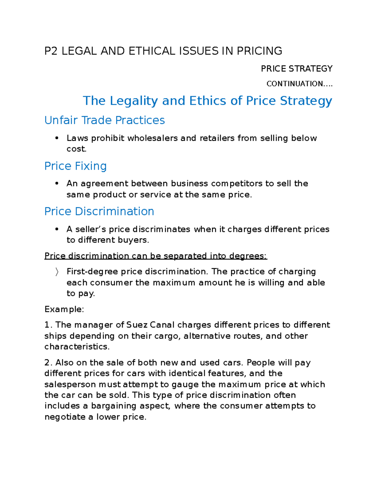 P2 Legal AND Ethical Issues IN Pricing - P2 LEGAL AND ETHICAL ISSUES IN PRICING PRICE STRATEGY ...