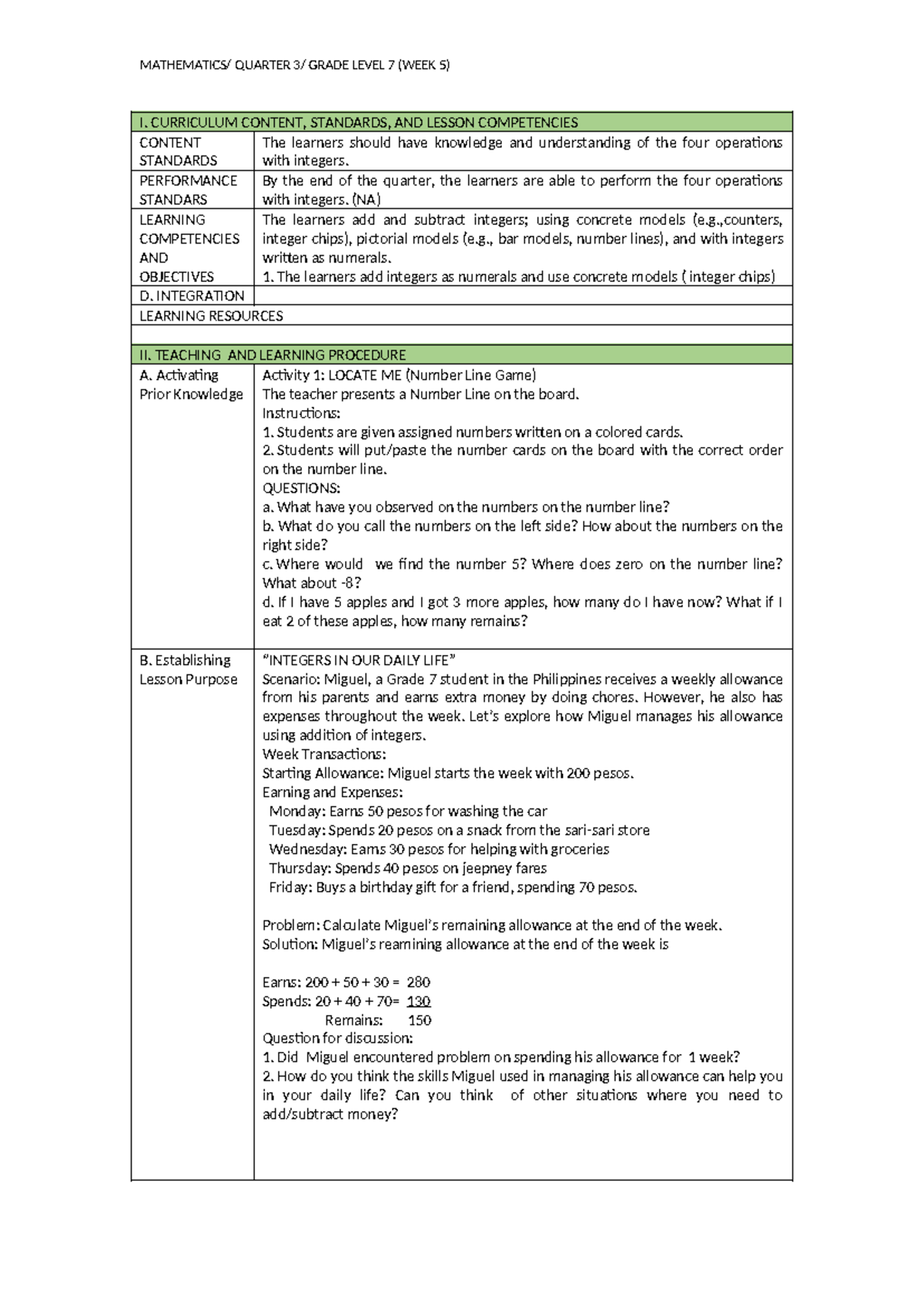 Lesson Plan or DLP - MATHEMATICS/ QUARTER 3/ GRADE LEVEL 7 (WEEK 5) I ...