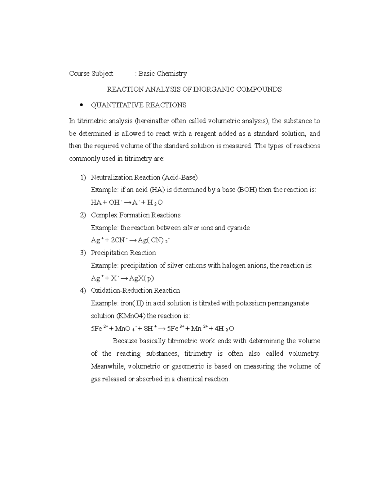Reaction with other substances - Course Subject : Basic Chemistry ...