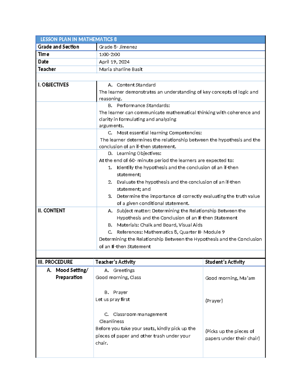 Final Demo - LESSON PLAN IN MATHEMATICS 8 Grade and Section Grade 8 ...