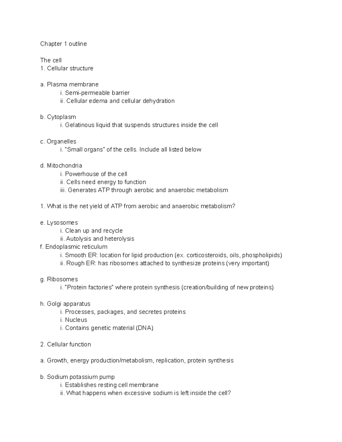 chapter 1 outline study guide - Chapter 1 outline The cell Cellular ...