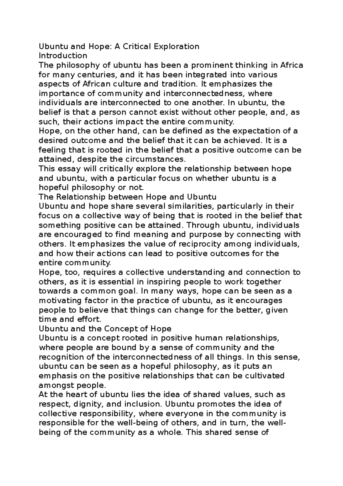 Exam 1 - vital - Ubuntu and Hope: A Critical Exploration Introduction ...