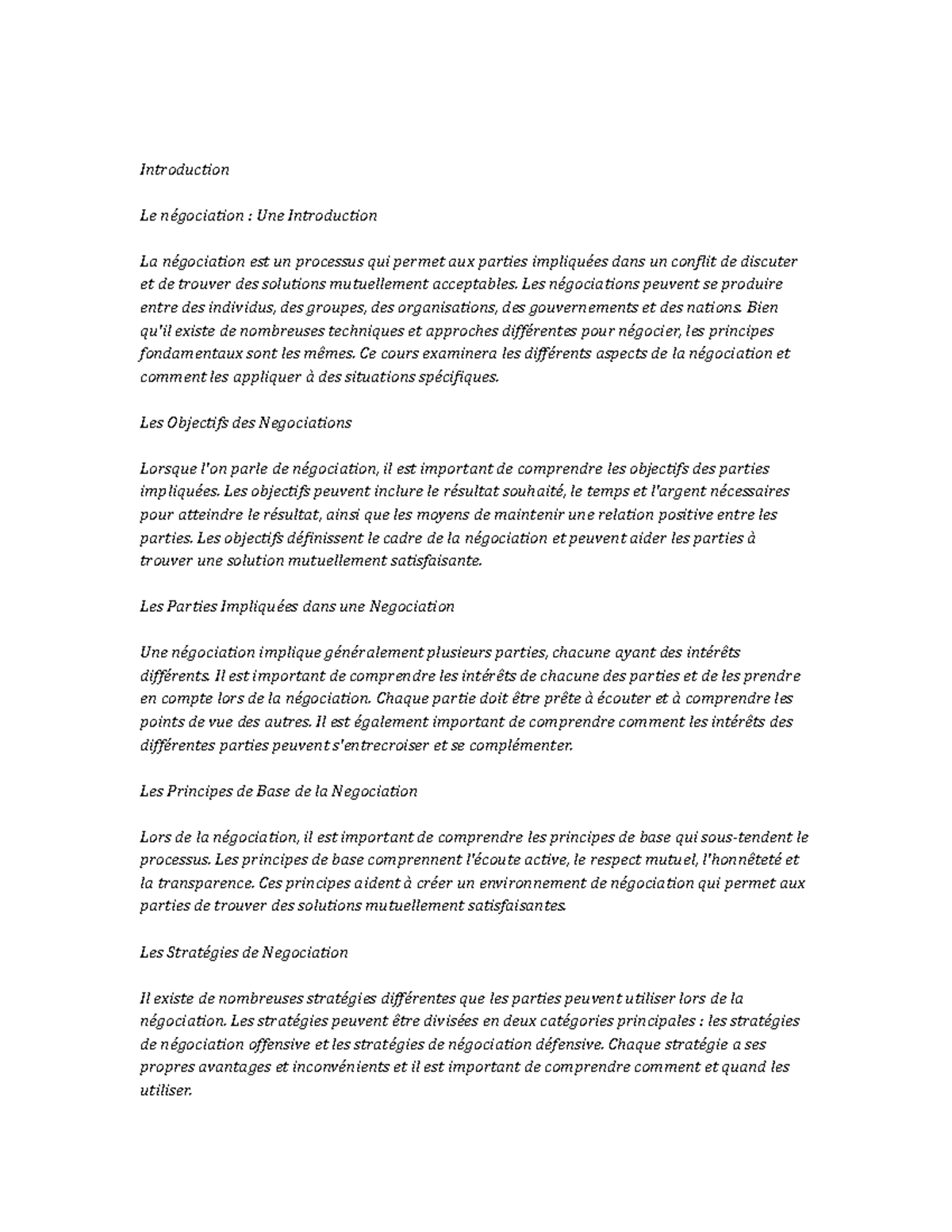 Negotiations note study - Introduction Le négociation : Une ...