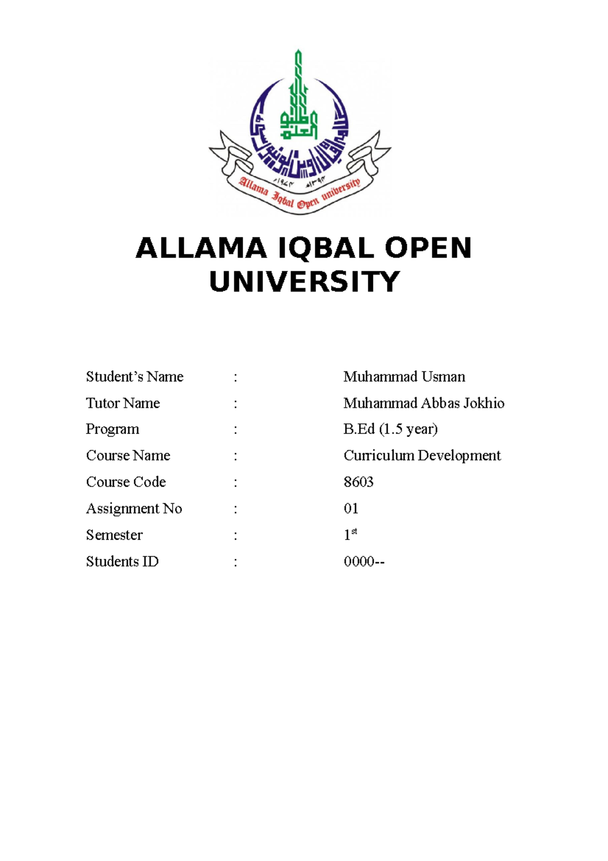 8603 (01) - Assigmnet - ALLAMA IQBAL OPEN UNIVERSITY Student’s Name ...