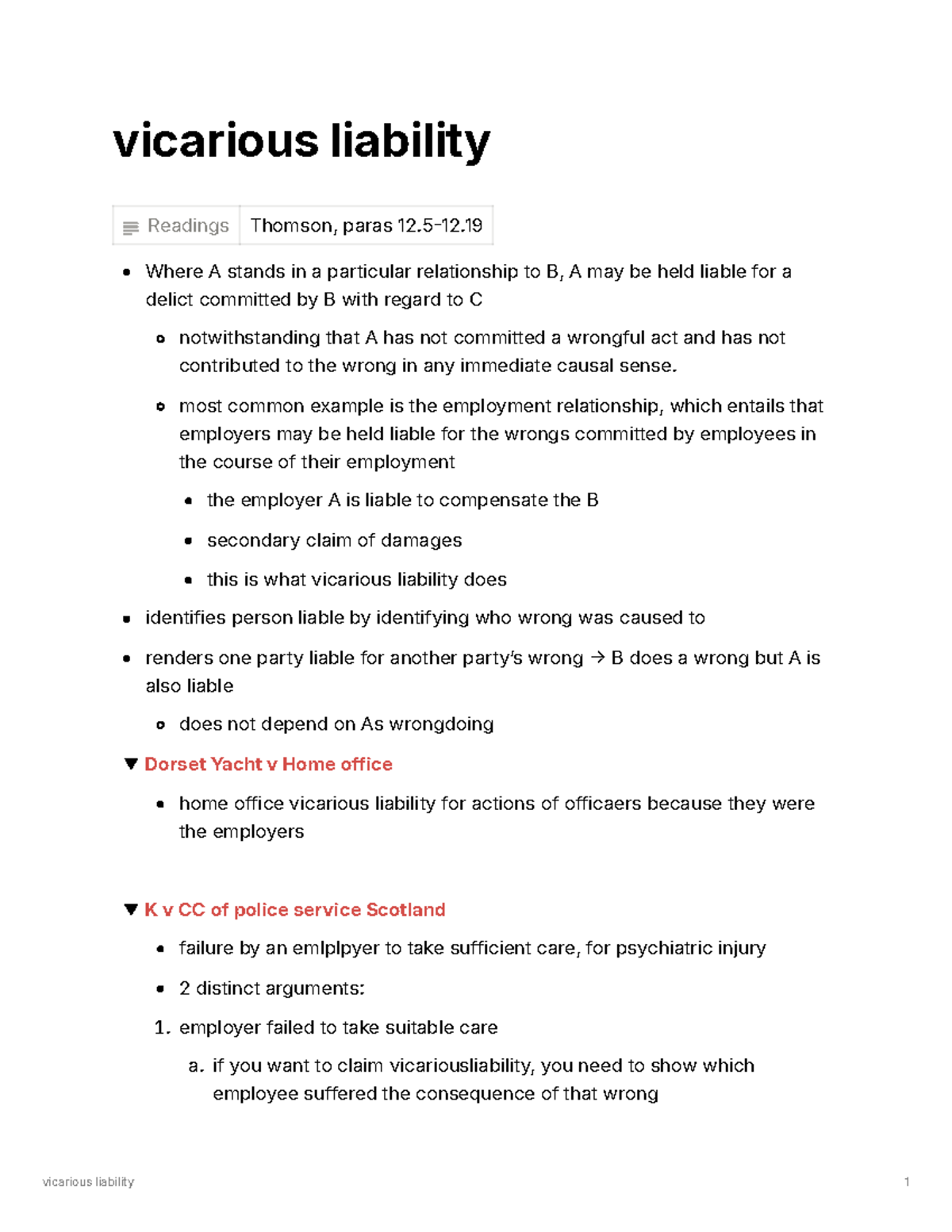 liability notes - vicarious liability Readings Thomson, paras 12 12 ...