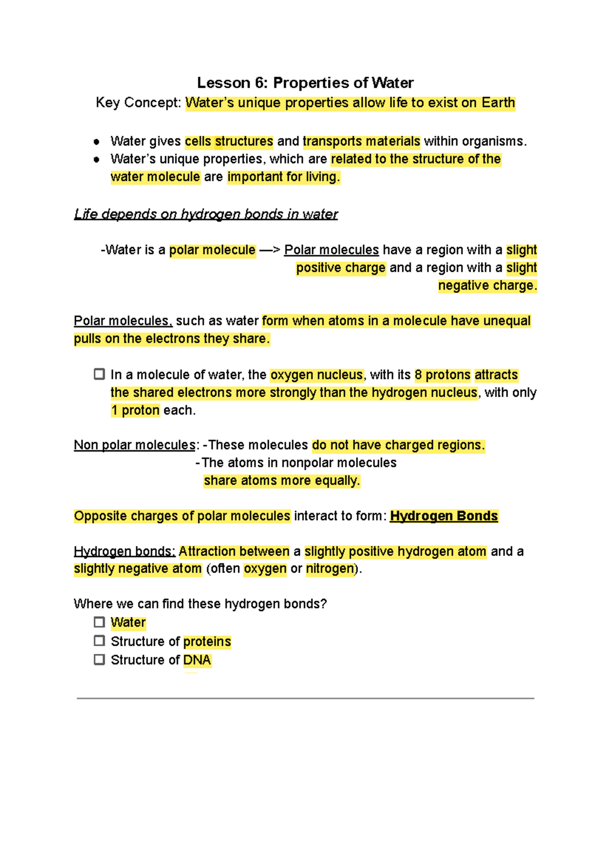 properties of water - Lesson 6: Properties of Water Key Concept: Water ...
