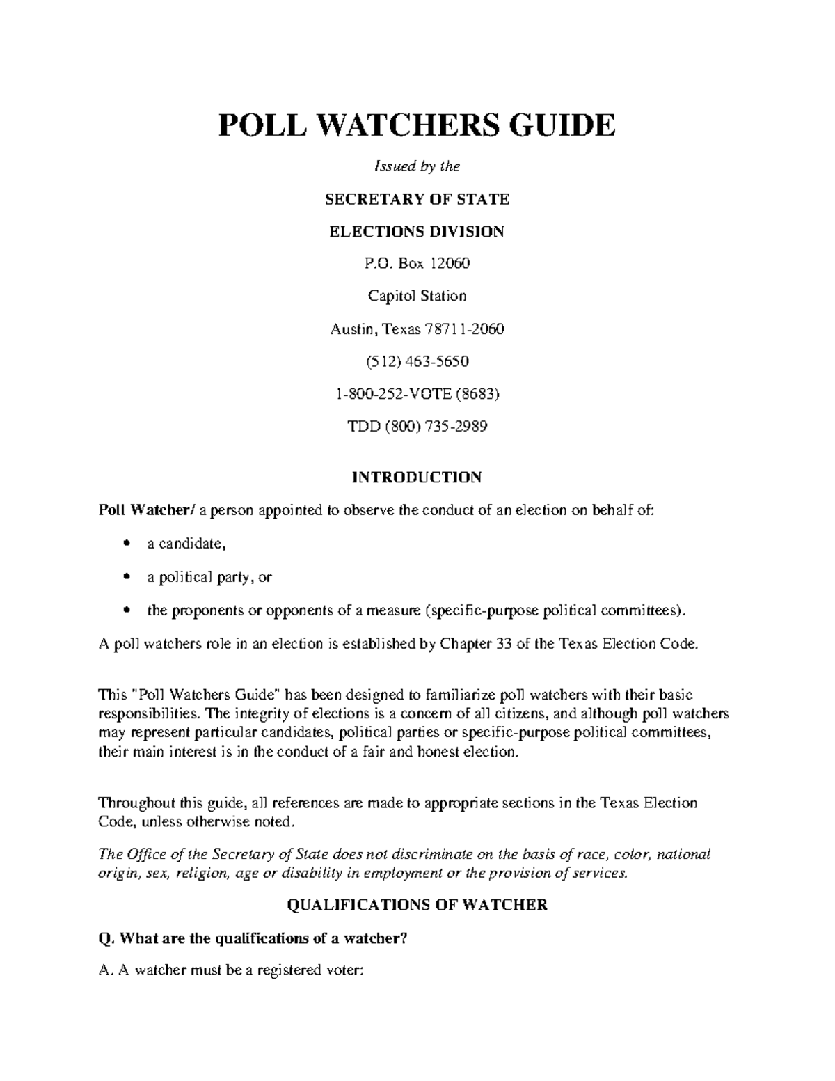 Pox m030 - Notes - POLL WATCHERS GUIDE Issued by the SECRETARY OF STATE ...