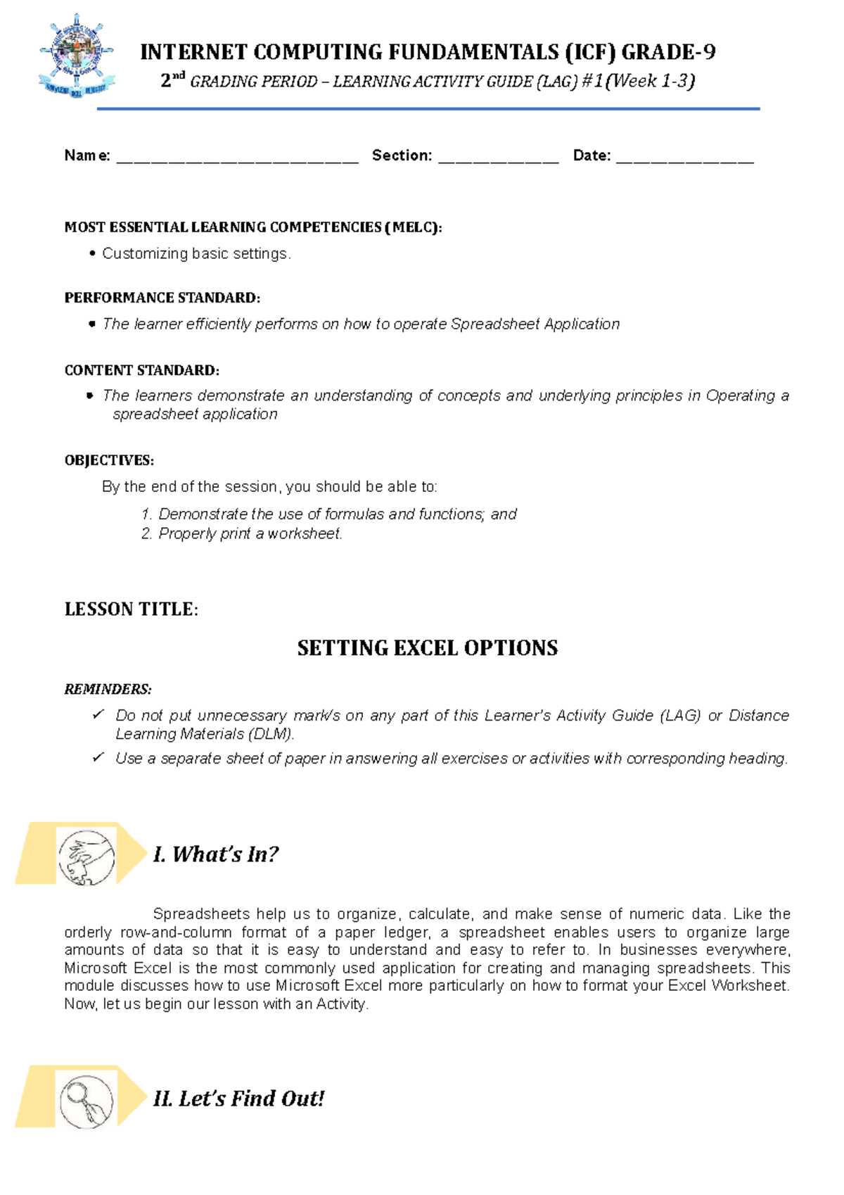 2nd GP - ICF 9 - LAG#3(Week 7-8) - MELC 4 - Setting Excel Options (not ...