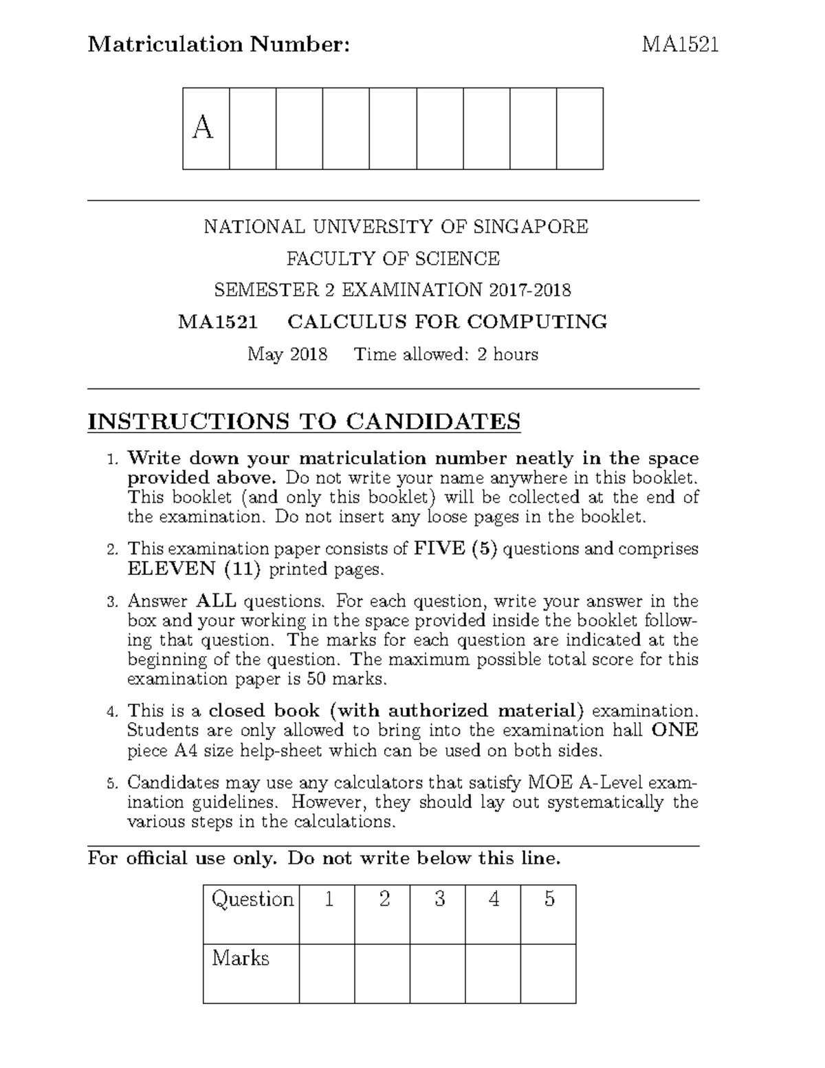 1718SEM2-MA1521 - final ex paper - Matriculation Number: MA A NATIONAL ...