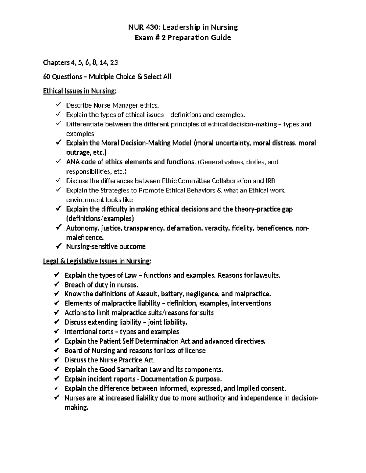 NUR 430 Exam # 2 Test Guide - NUR 430: Leadership in Nursing Exam # 2 ...