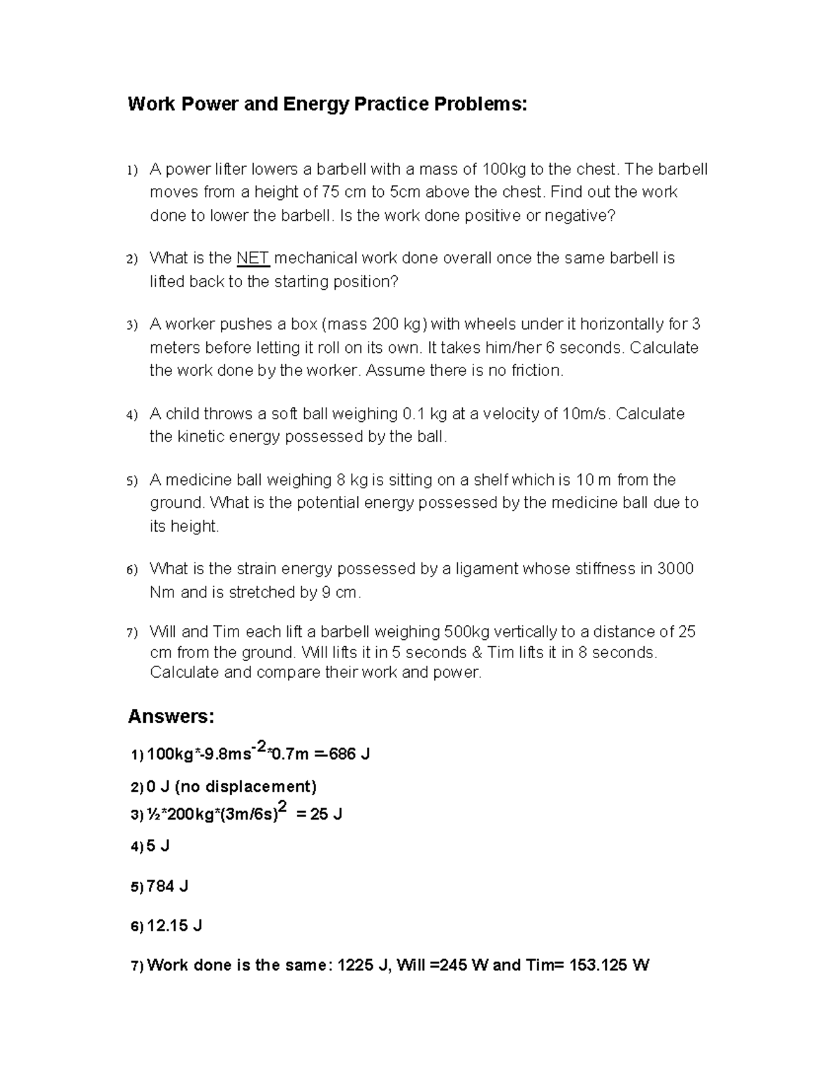 WPE Practice Problems Revised - Work Power and Energy Practice Problems ...