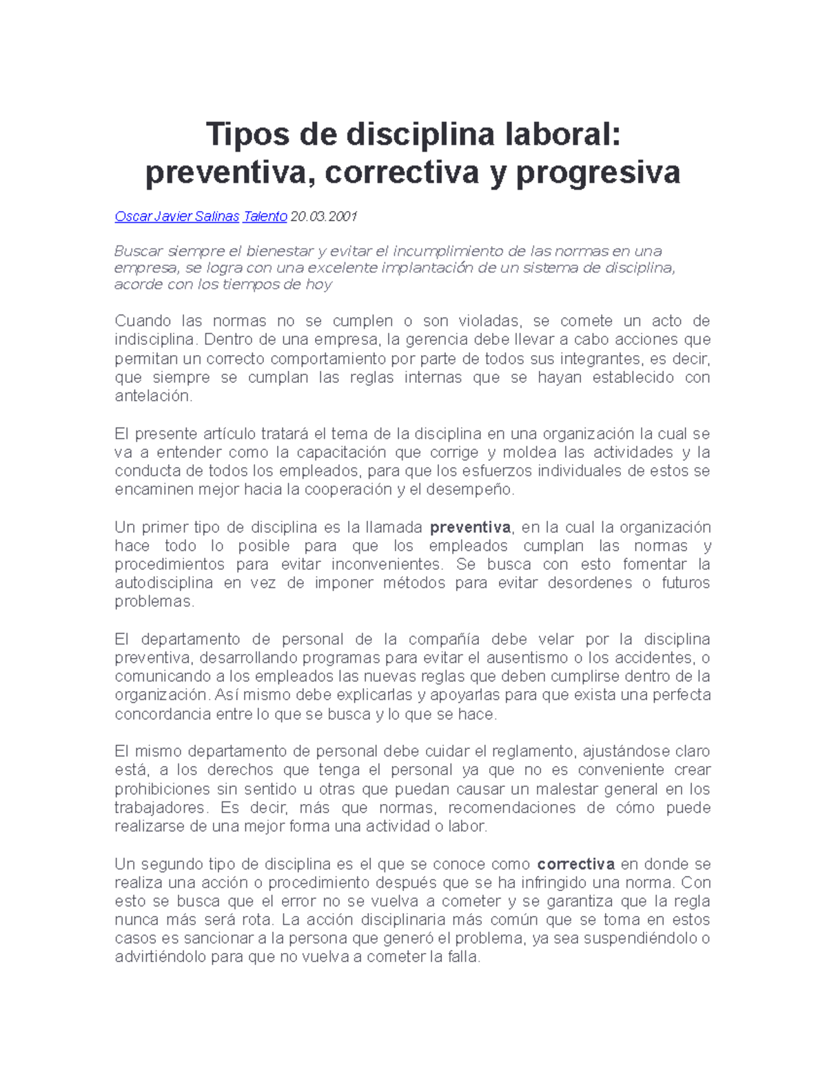 Tipos de disciplina laboral - Tipos de disciplina laboral: preventiva ...