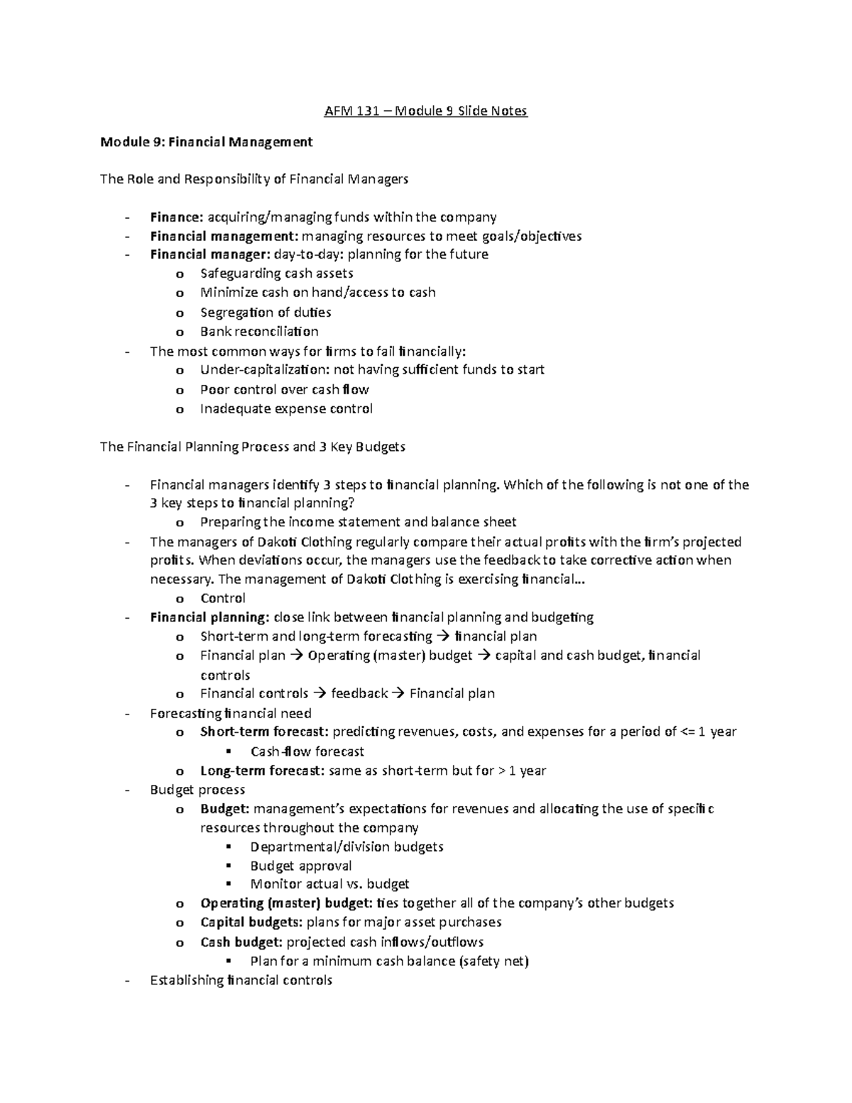 Module 9 Slide Notes - AFM 131 Module 9 Slide Notes Module 9: Financial ...