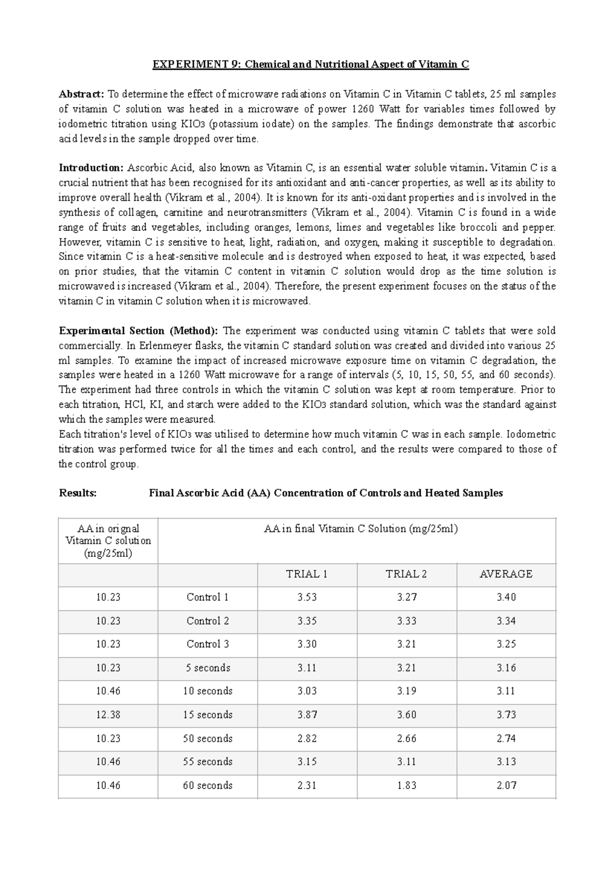 Experiment 9 Lab Report - EXPERIMENT 9: Chemical and Nutritional Aspect ...