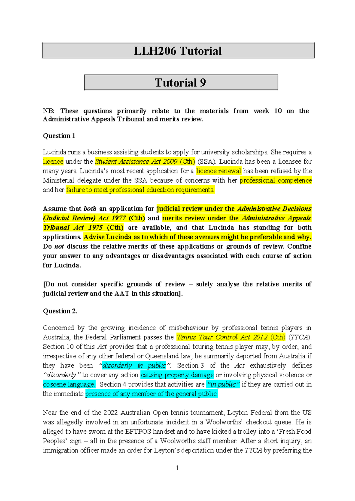 LLH206 Tutorial 9 Questions [issues colour coded] - LLH206 Tutorial Tutorial 9 NB: These ...