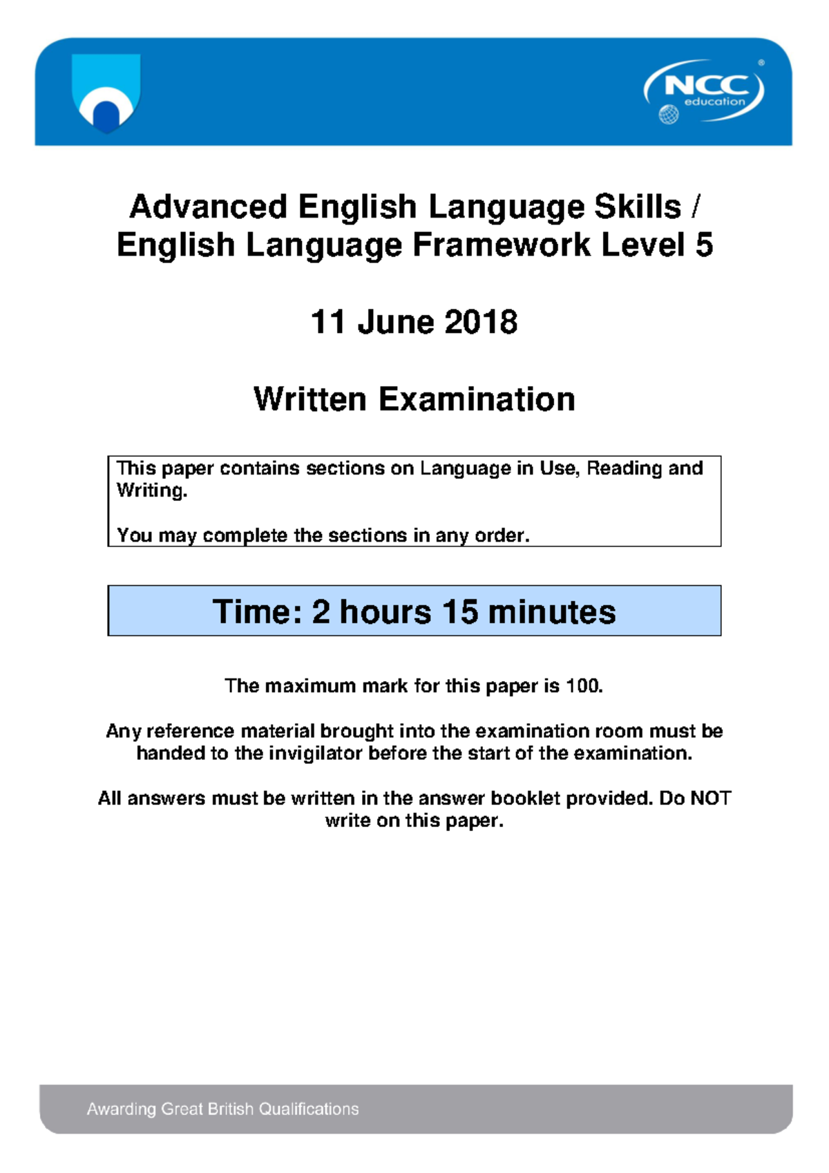 AELS Written Examination June 2018 Final past paper-1 - Advanced English Language Skills ...
