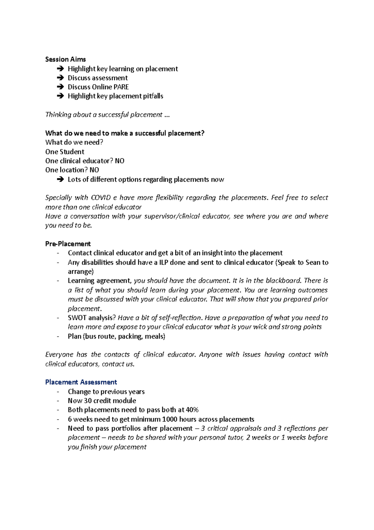 Placement Prep - Session Aims Highlight key learning on placement ...