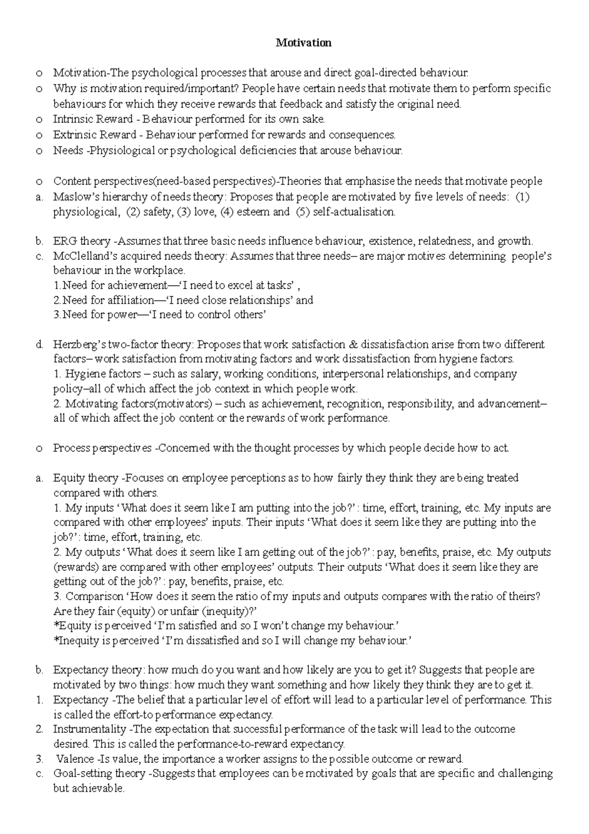 All Chapters Notes Included - Motivation o Motivation-The psychological ...