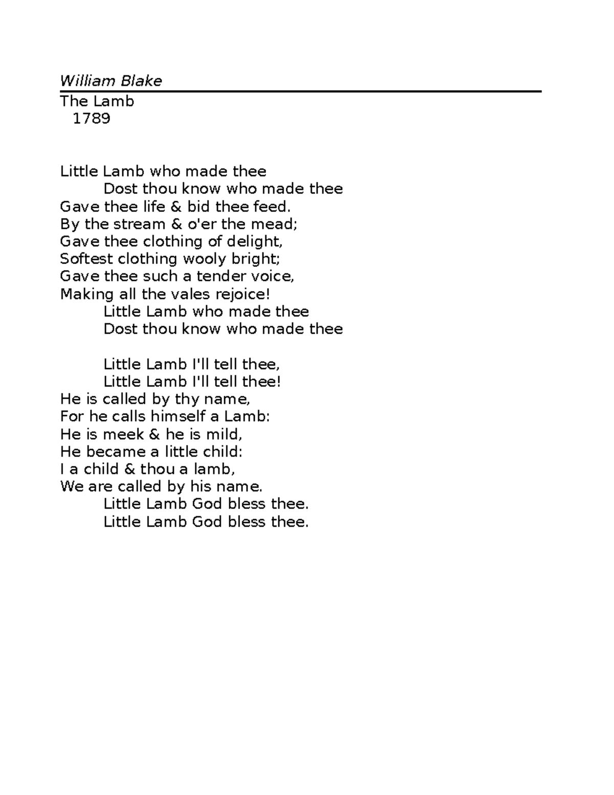 The Lamb - Copy of The Lamb short story. - William Blake The Lamb 1789 ...