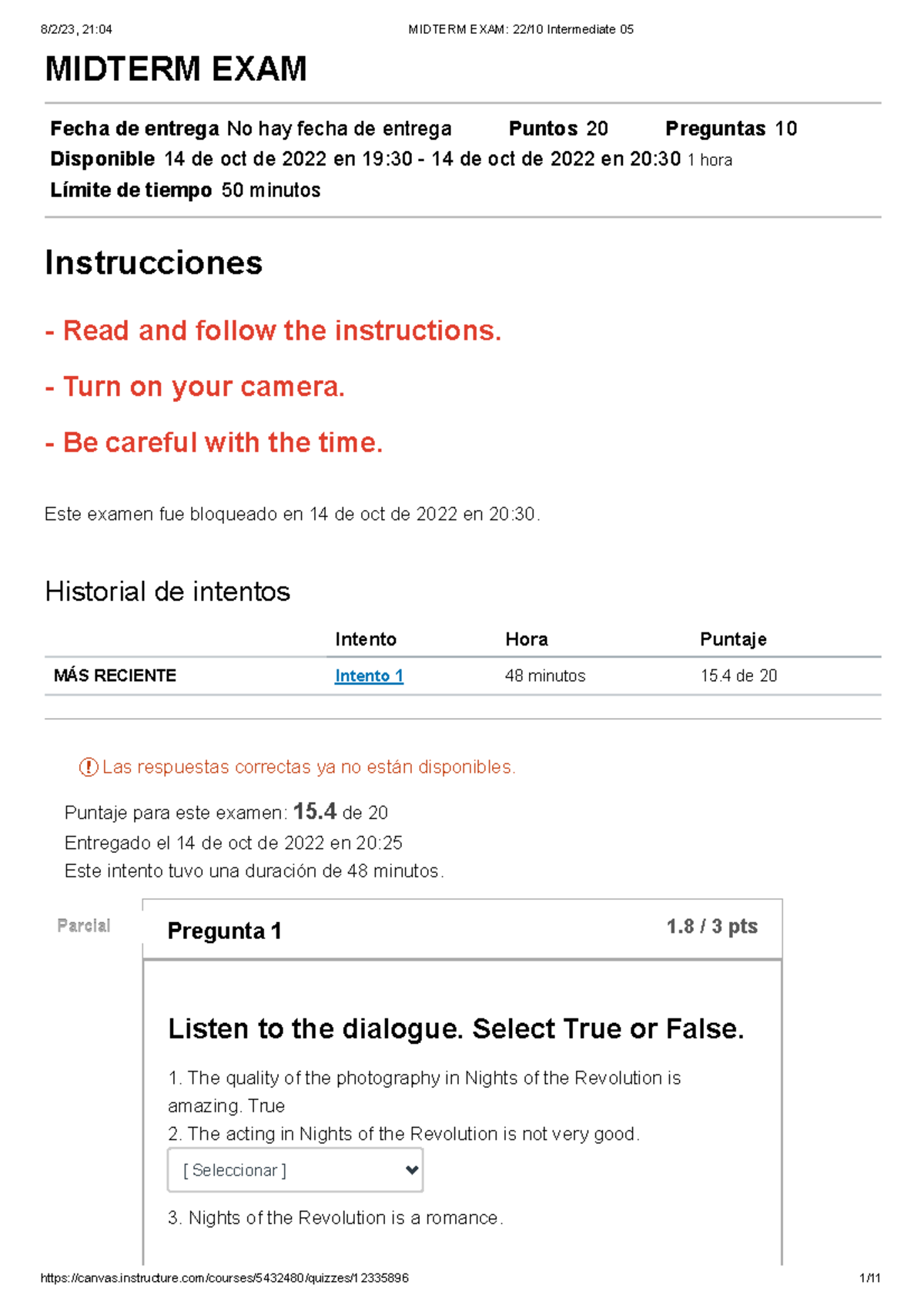 Midterm EXAM 22 10 Intermediate 05 - MIDTERM EXAM Fecha de entrega No hay fecha de entrega ...