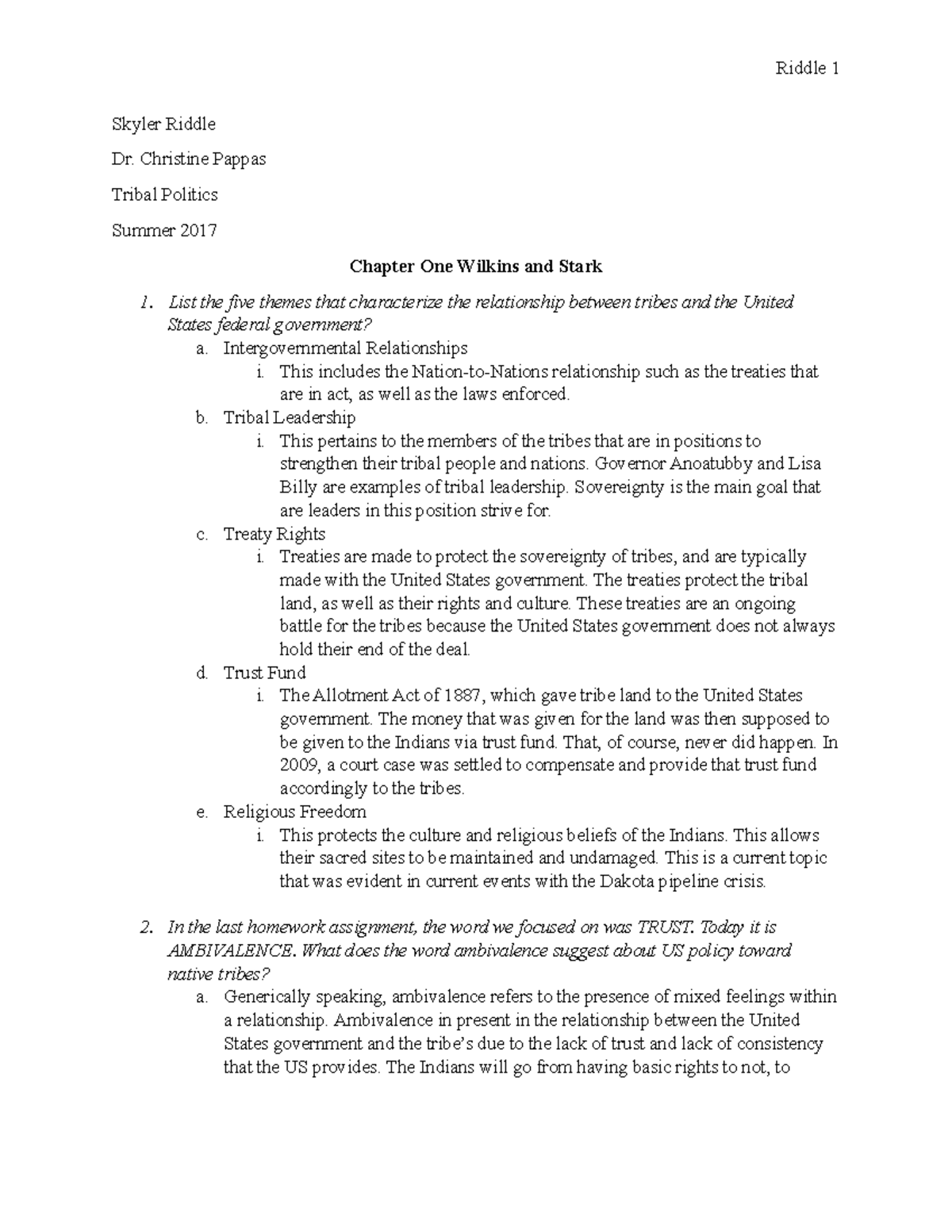 STR Tribal Politics Wilkins Ch 1 - Riddle 1 Skyler Riddle Dr. Christine ...