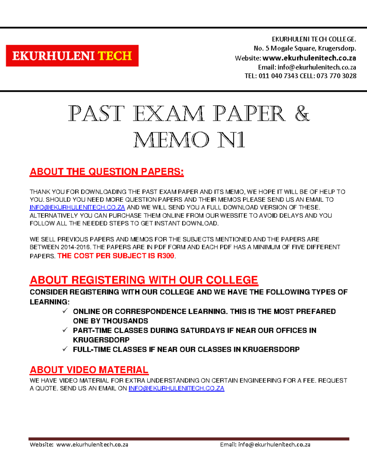 FREE Mathematics N1 Question MEMO Download - Website: ekurhulenitech.co ...