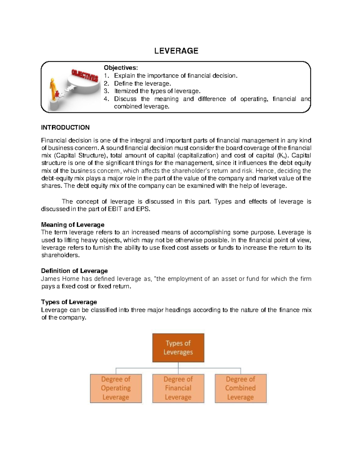 Leverage - Finance Management - LEVERAGE Objectives: Explain the ...